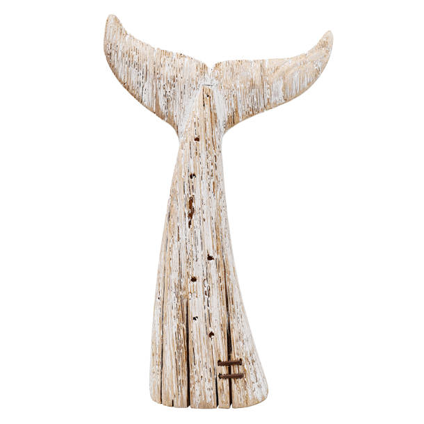 Highland Dunes Wood Whale Tail Statue Nautical Tabletop Decor Rustic Whale Tail Distressed ...